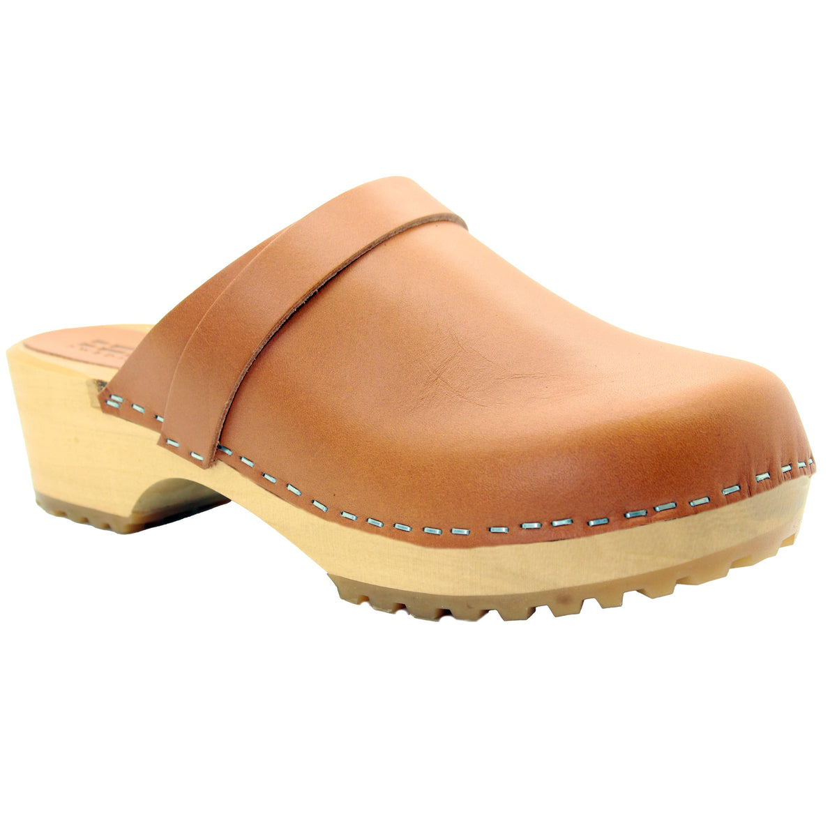 KLÄGN Tuva Wood Open Back Grip Caramel Veg Tan Leather Clogs ...